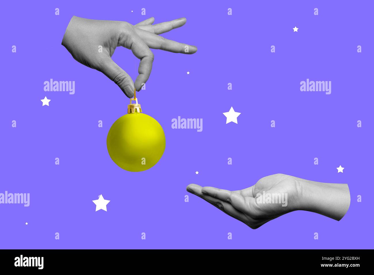 Human hand giving golden christmas ball to other on colored background ...