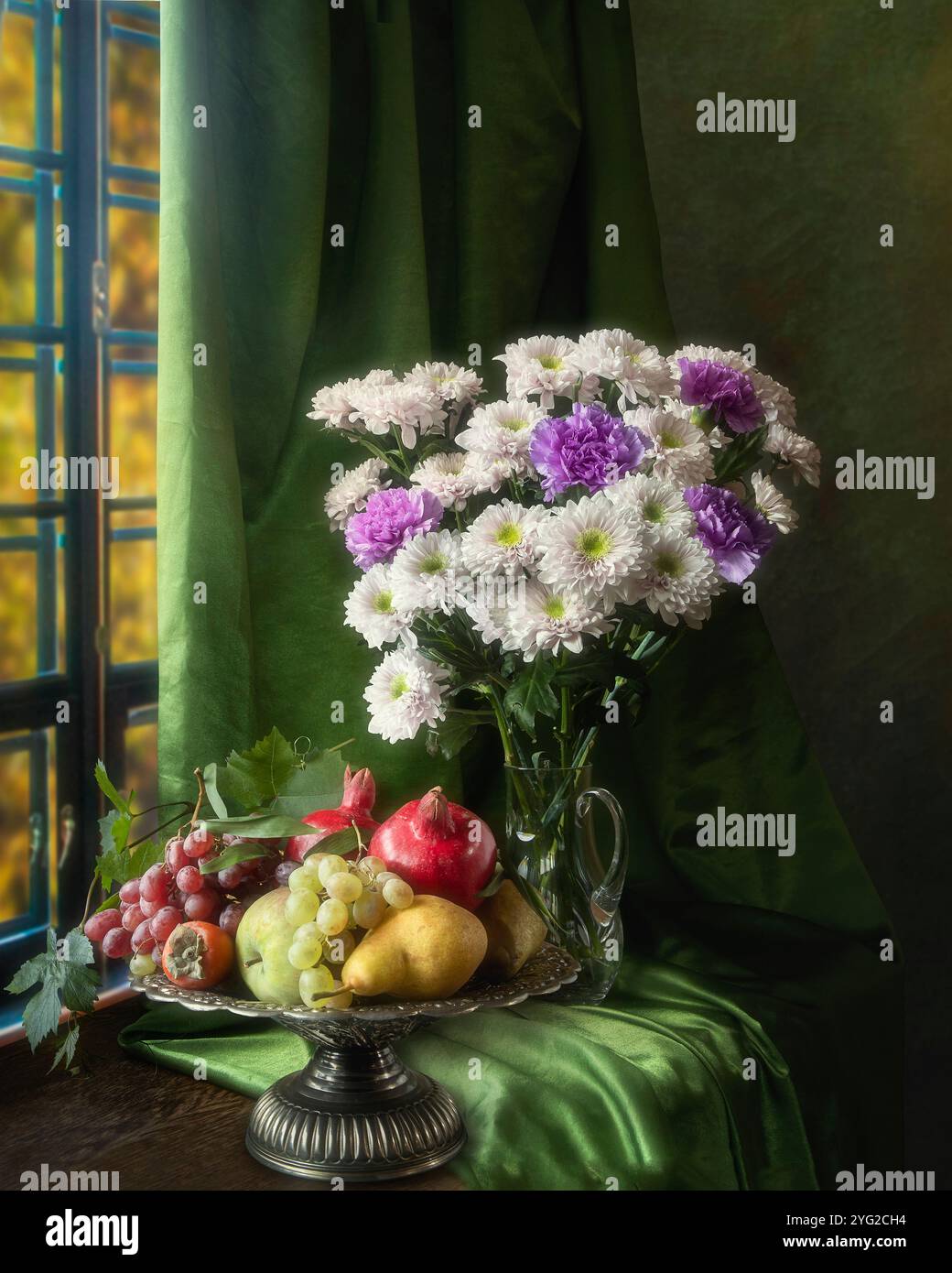 Still life with pink chrysanthemums and fruits Stock Photo - Alamy