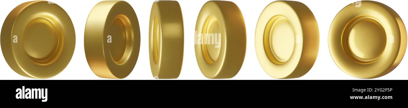Gold metal coins 3d vector illustrations set rotating at different ...