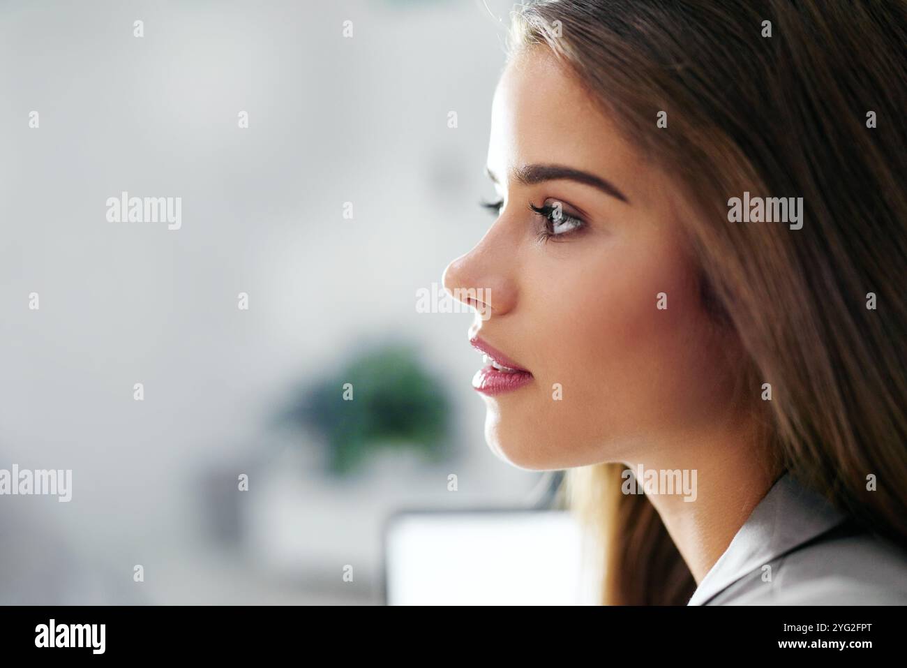 Thinking, mockup and business woman for brainstorming, pride and ...