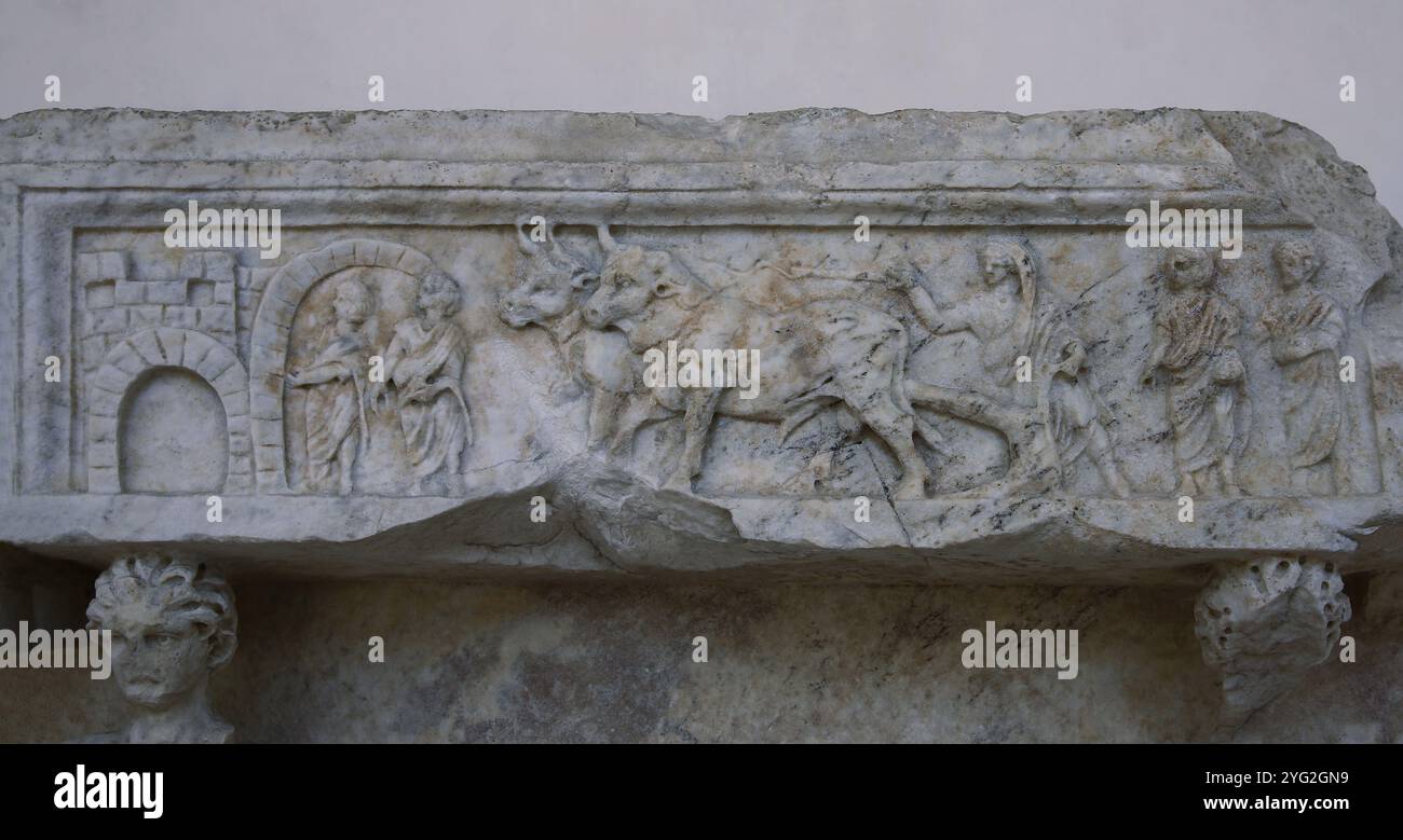 Block with a portrayal of the folding curule seat. Detail of city's ...