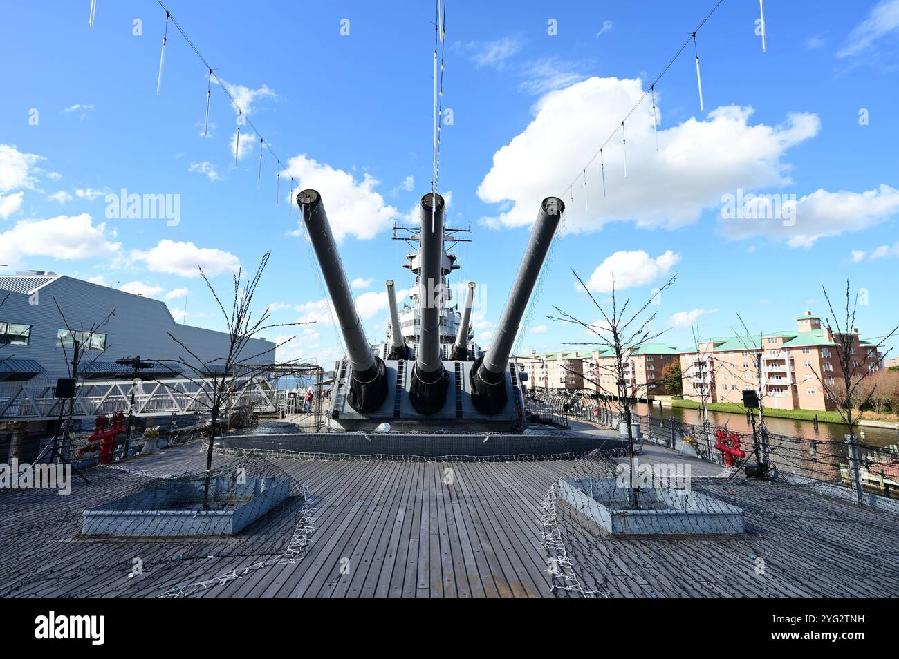 Main gun turrets on an antique American Battleship Stock Photo - Alamy