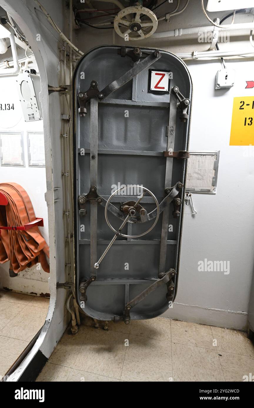 Watertight locking door on an American Battleship the USS Wisconsin ...