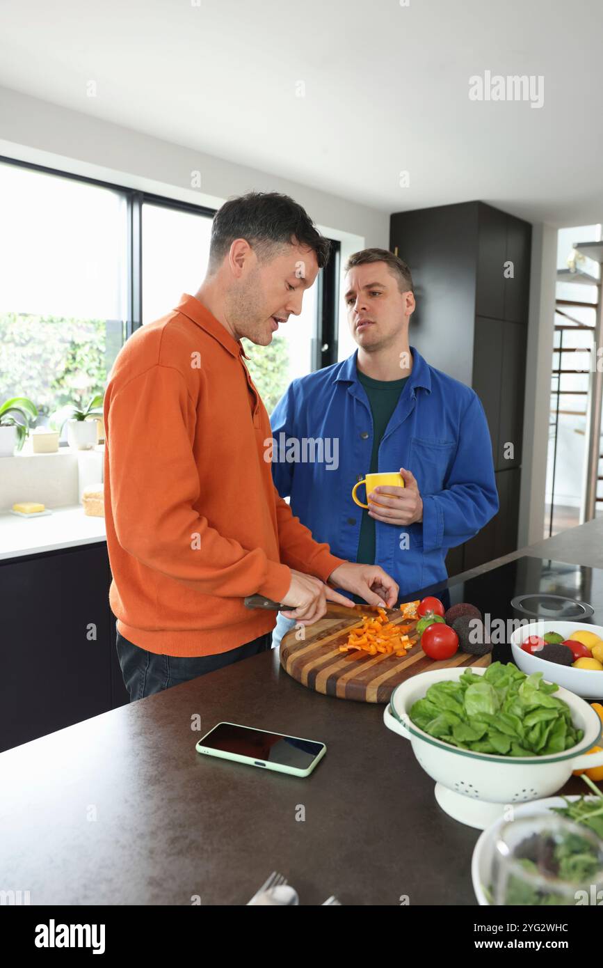 Two men talking in kitchen Stock Photo - Alamy