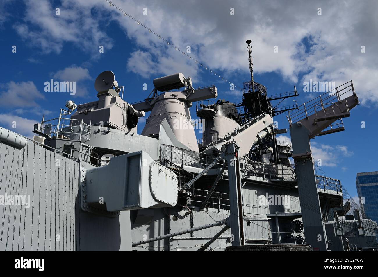 Radar and Missile launcher on an American Battleship the USS Wisconsin ...