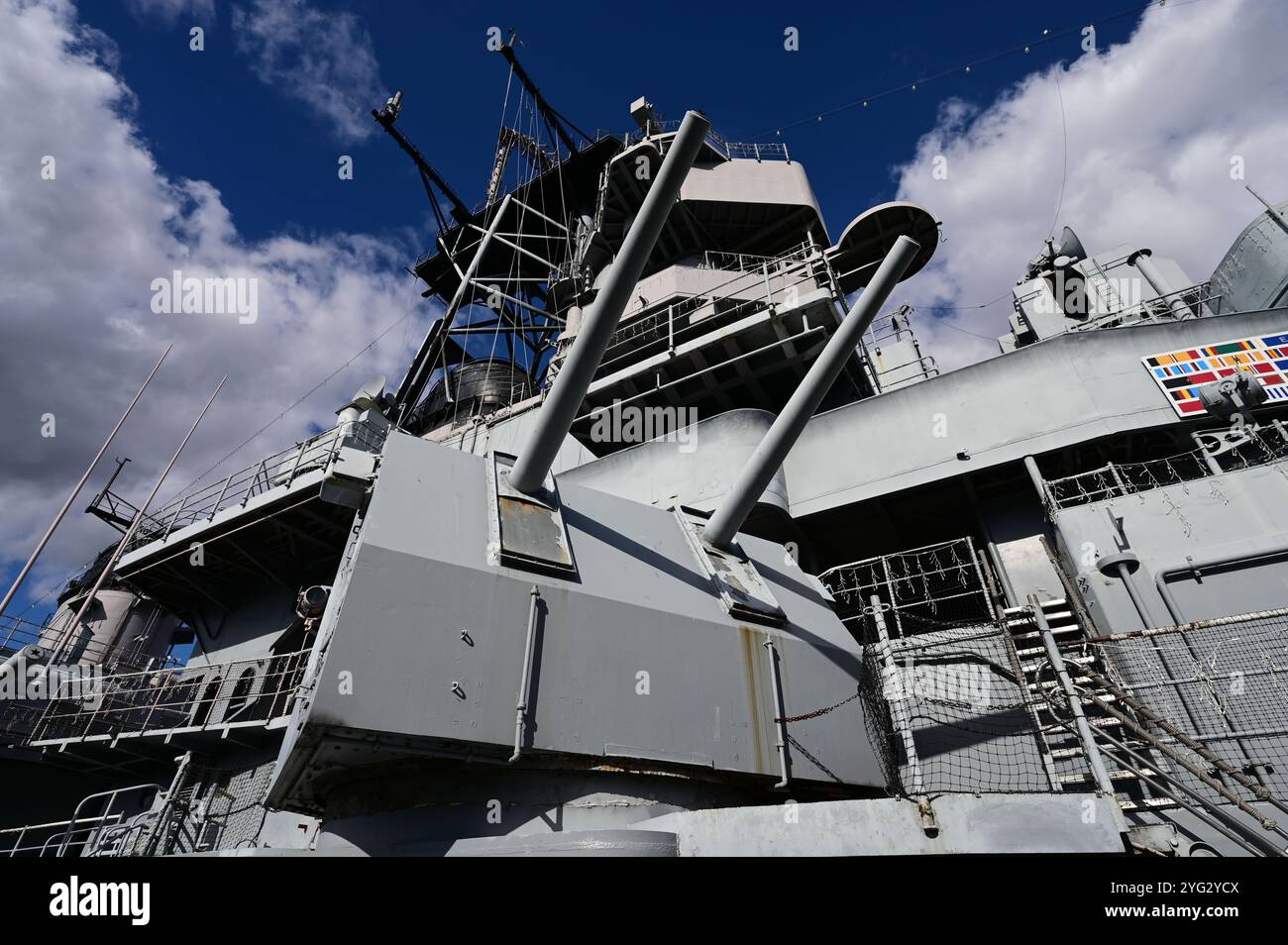 Twin 5 in (127 mm) DP guns on a World War Two American Battleship Stock ...