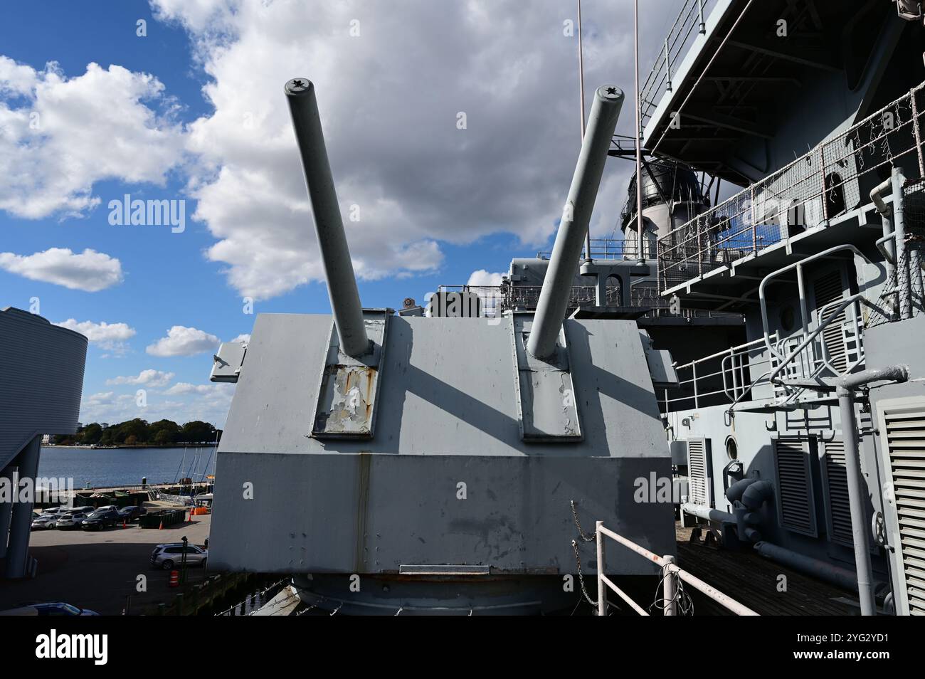 Twin 5 in (127 mm) DP guns on a World War Two American Battleship Stock ...