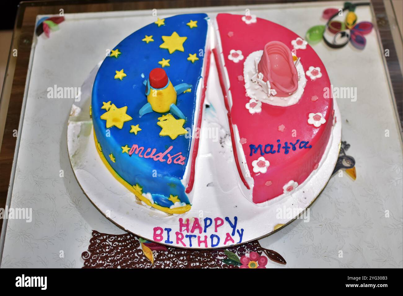 Twins Birthday Cake, split design, Pune India Stock Photo - Alamy