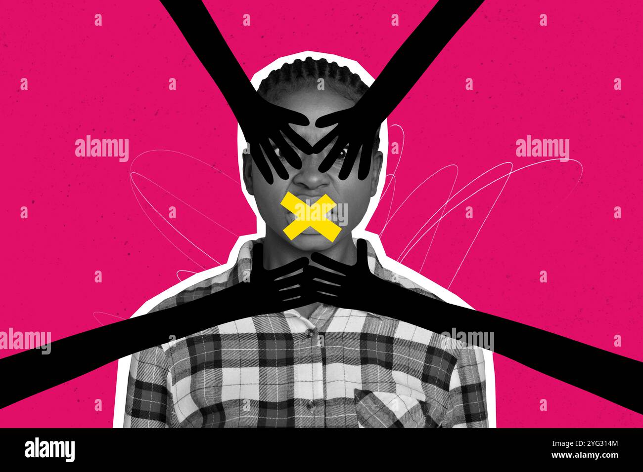 Composite photo collage of angry american girl shut mouth hands ...