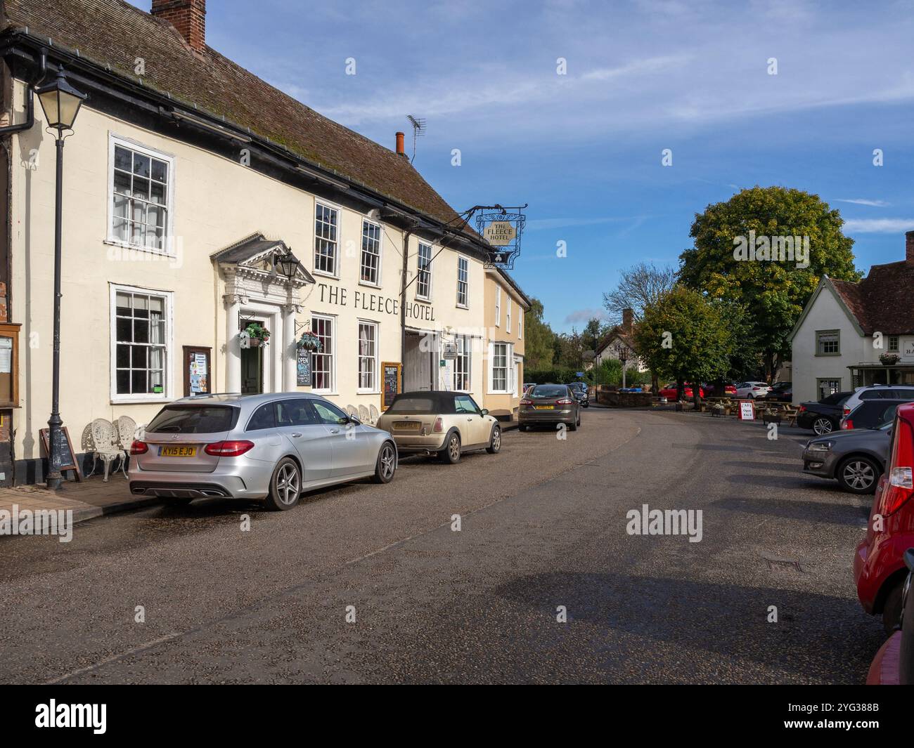 Fleece Hotel and Broad Street in the village of Boxford, Suffolk, UK ...