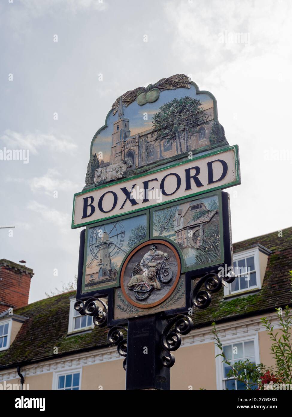 Village sign, Boxford, Suffolk, UK; pictorial metal sign depicting ...