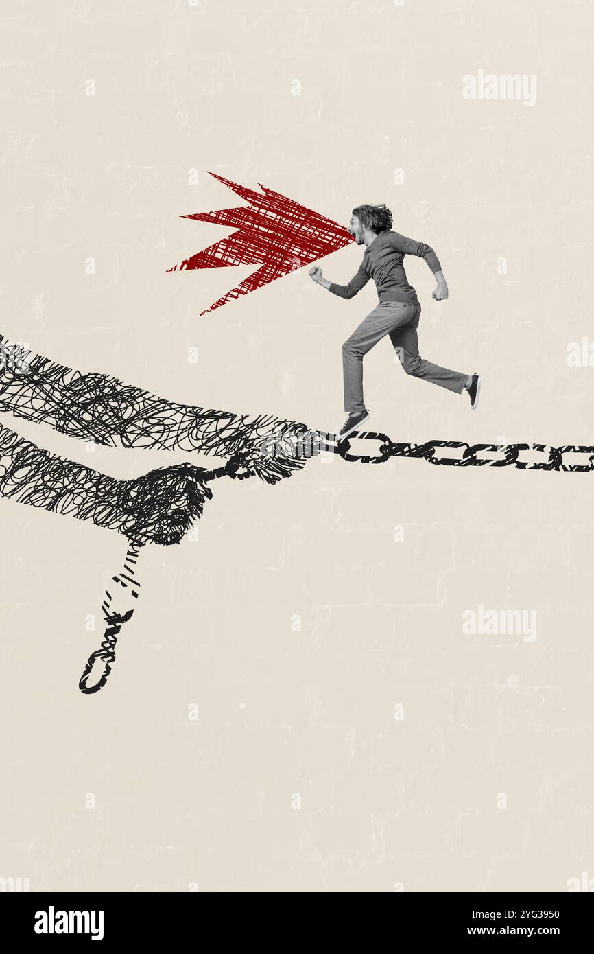 Vertical photo collage of angry man run hands pull chain drawing ...