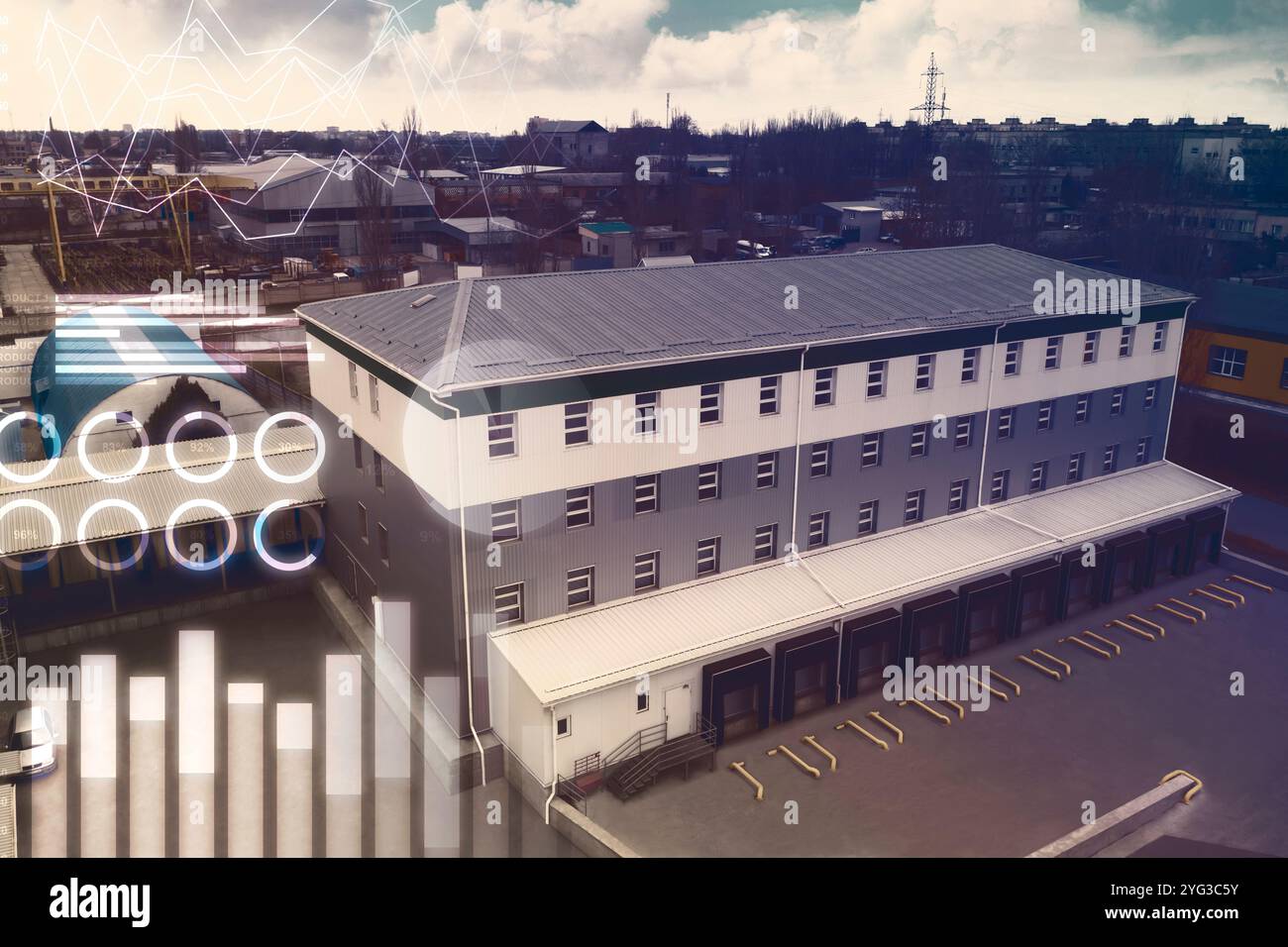 Aerial view of warehouse with loading docks outdoors. Logistics center ...