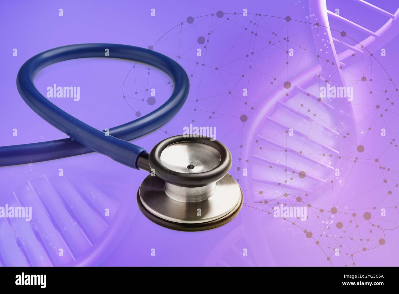 Stethoscope on violet background with scheme and illustration of DNA ...