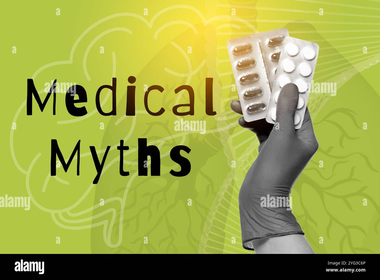 Medical myths. Doctor holding pills on yellowish green background with ...
