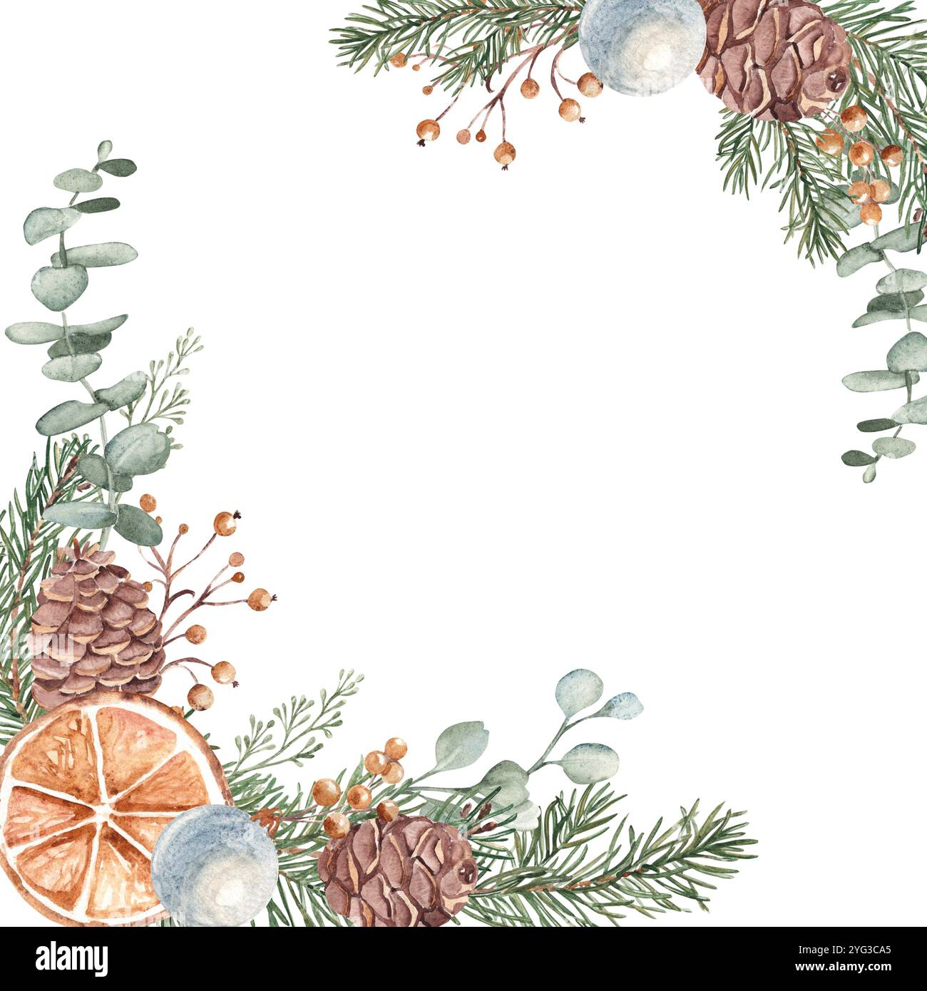 Christmas square frame, border. Corner Compositions with Winter plants ...