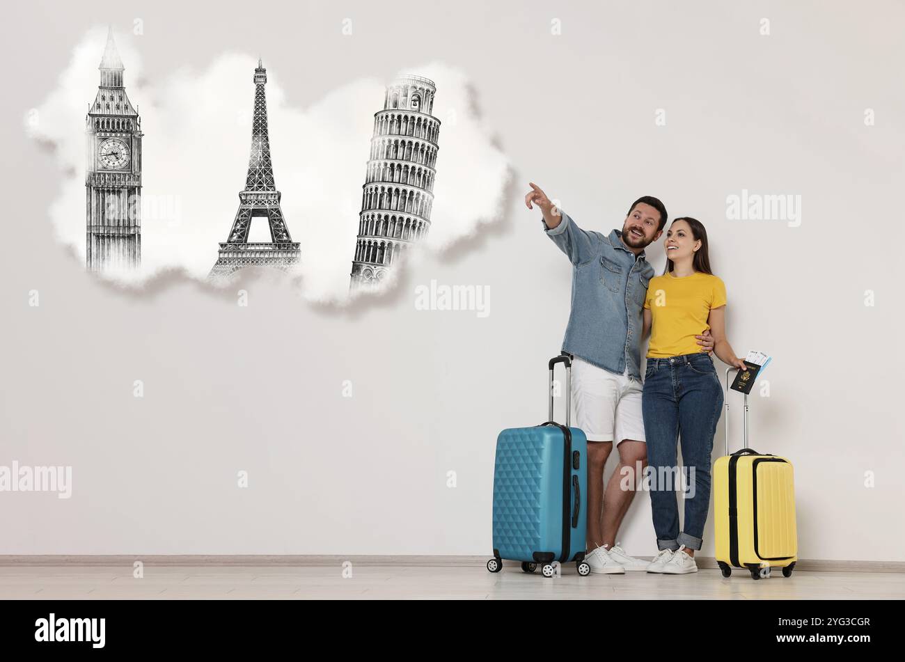 Happy travelers with suitcases dreaming about journey near light grey ...