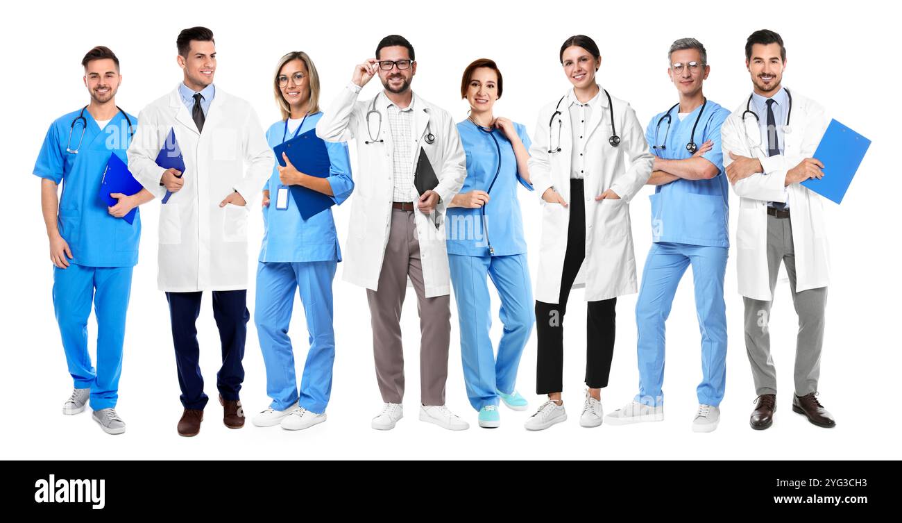 Different healthcare workers in uniforms on white background Stock ...