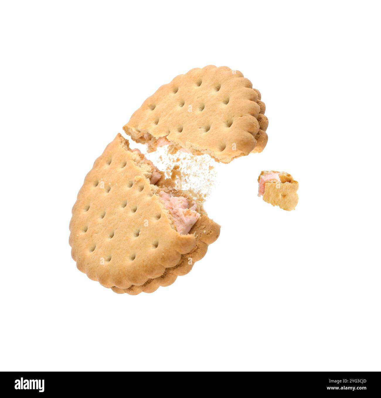 Tasty broken sandwich cookie in air on white background Stock Photo - Alamy