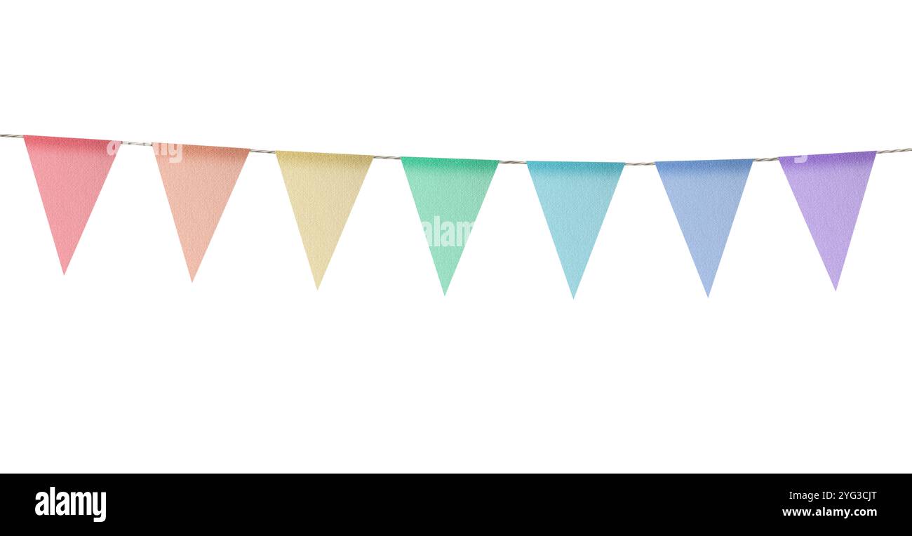 Fabric flags on rope against white background. Party decoration Stock ...