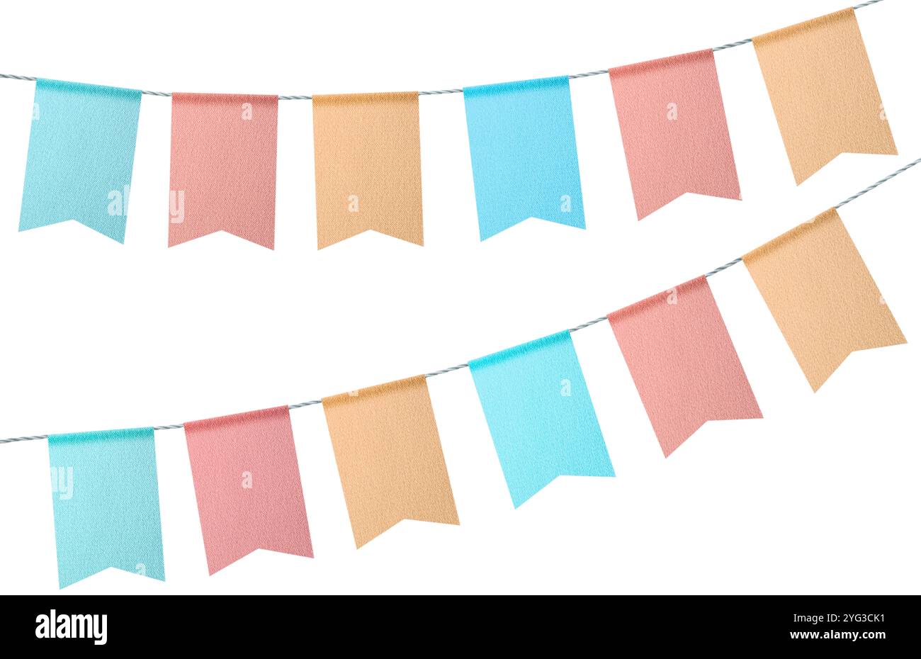 Fabric flags on rope against white background. Party decoration Stock ...