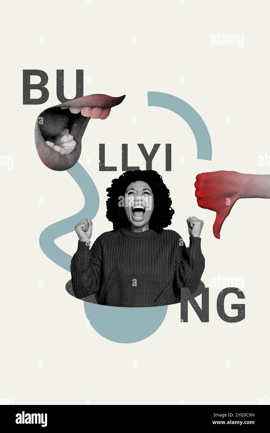 Vertical poster collage young woman scream shout thumb down dislike ...