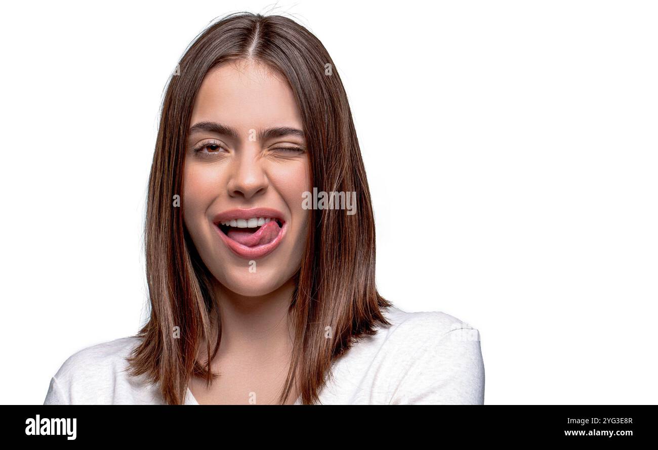Funky flirty young woman lick teeth tongue wink eye smile. Shows tongue ...
