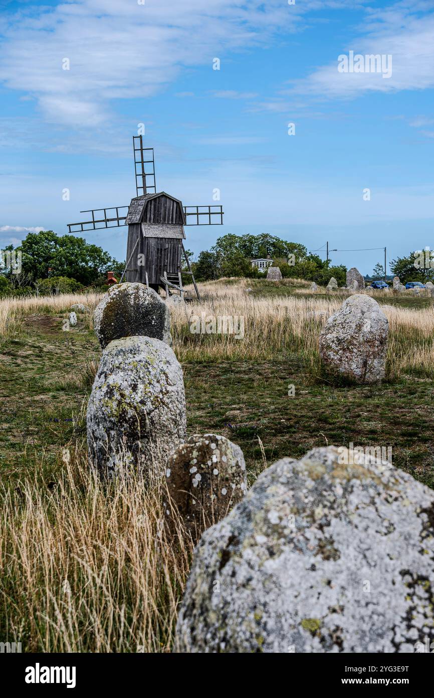 Stone settlement and traditional post mill at Gettlinge burial site ...