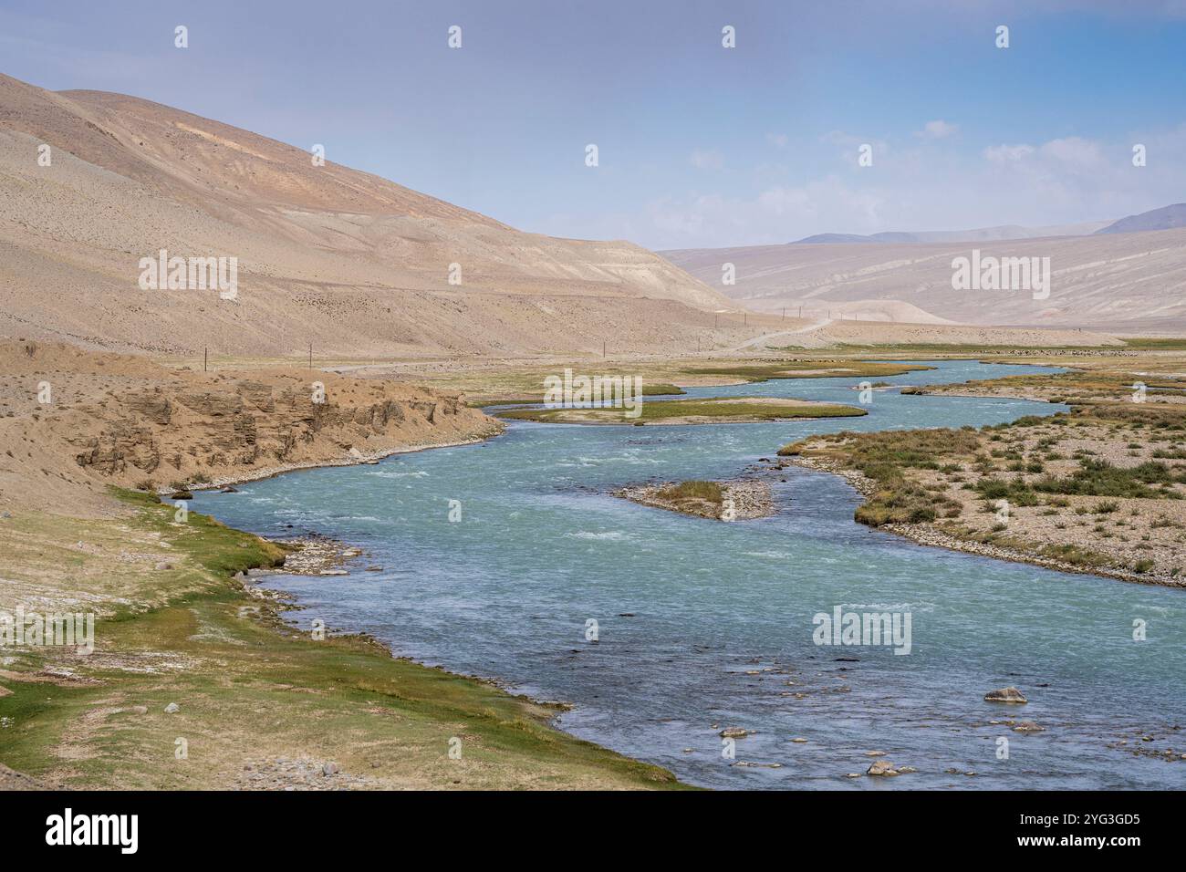 Colorful mountain landscape view of Pamir river on high plateau border ...