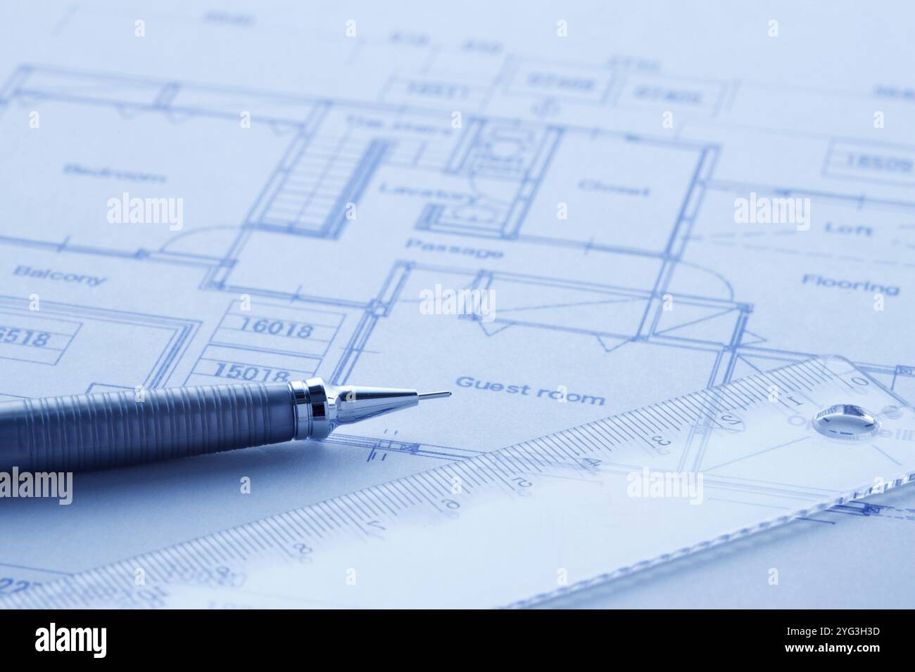 Blueprints and pens Stock Photo - Alamy