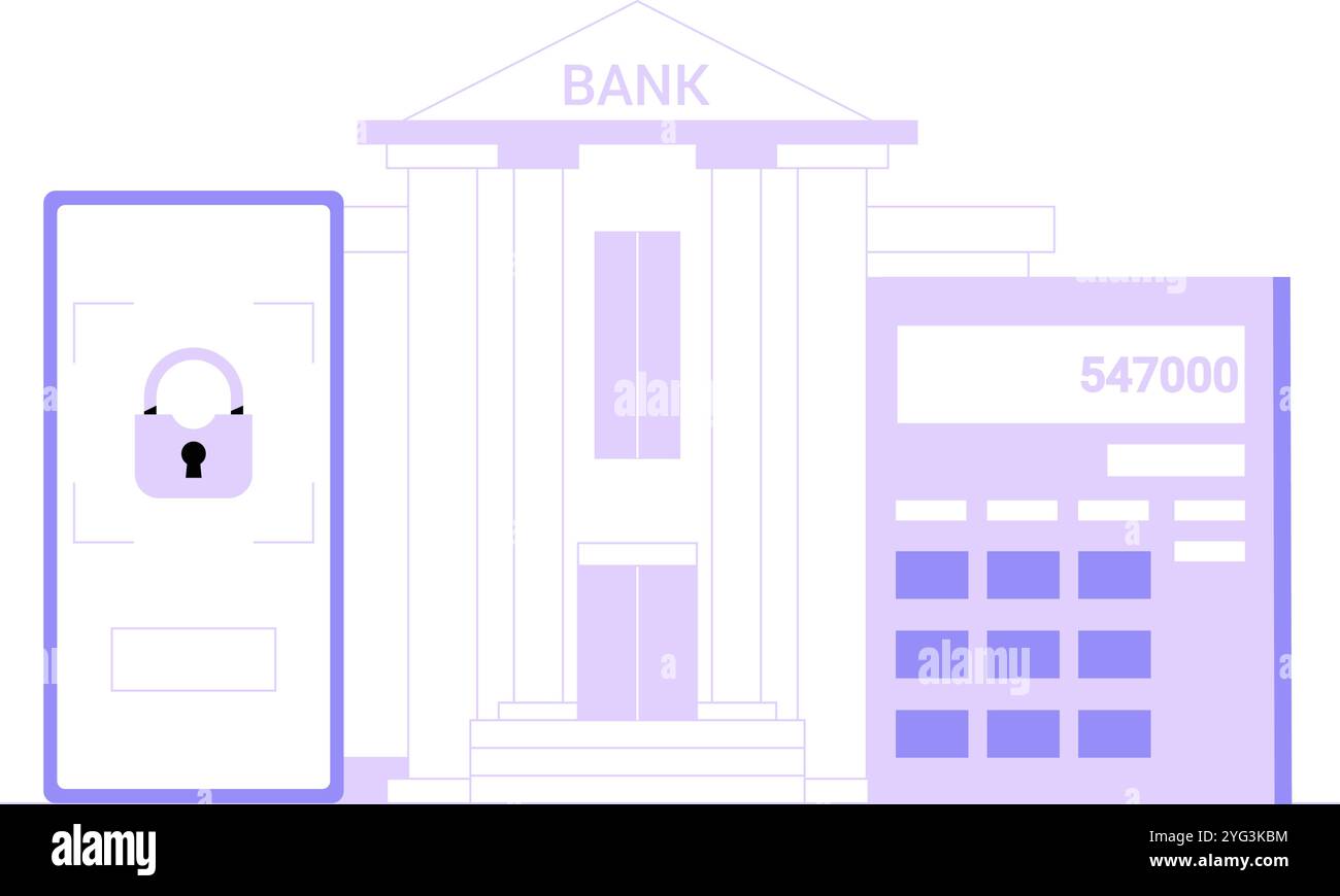 Bank Building With Locked Mobile Screen And Calculator In Flat Vector ...