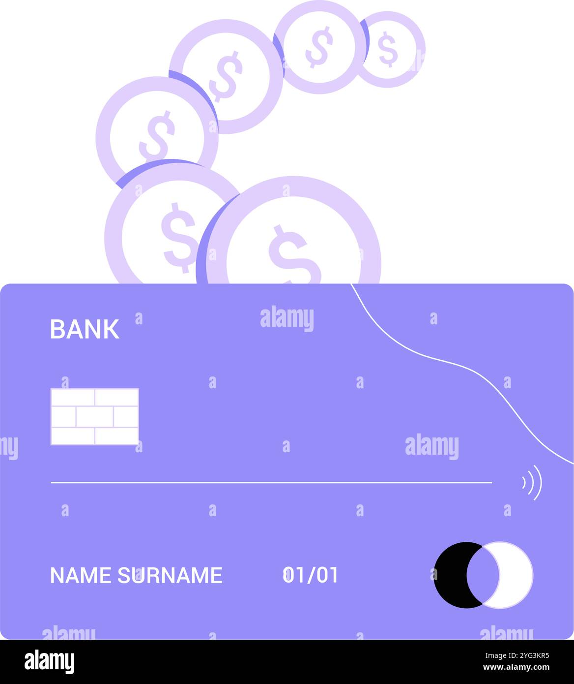 Bank Card With Floating Dollar Coins In Flat Vector Illustration ...