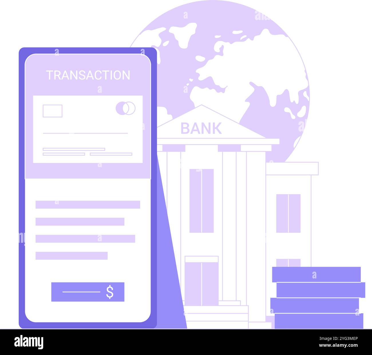 Global Bank Building With Transaction Screen And Stacked Coins In Flat ...