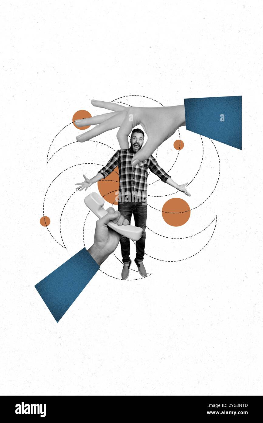 Vertical photo collage of panic man boss hands force workload pressure ...