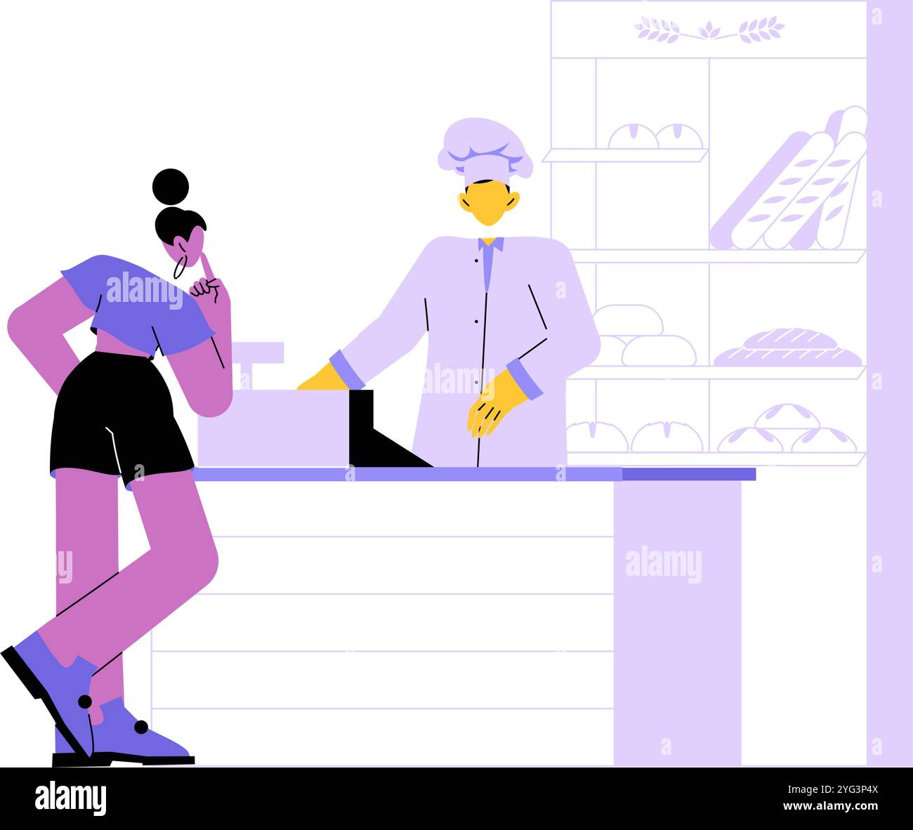 Customer Interaction At Bakery Counter In Flat Vector Illustration ...