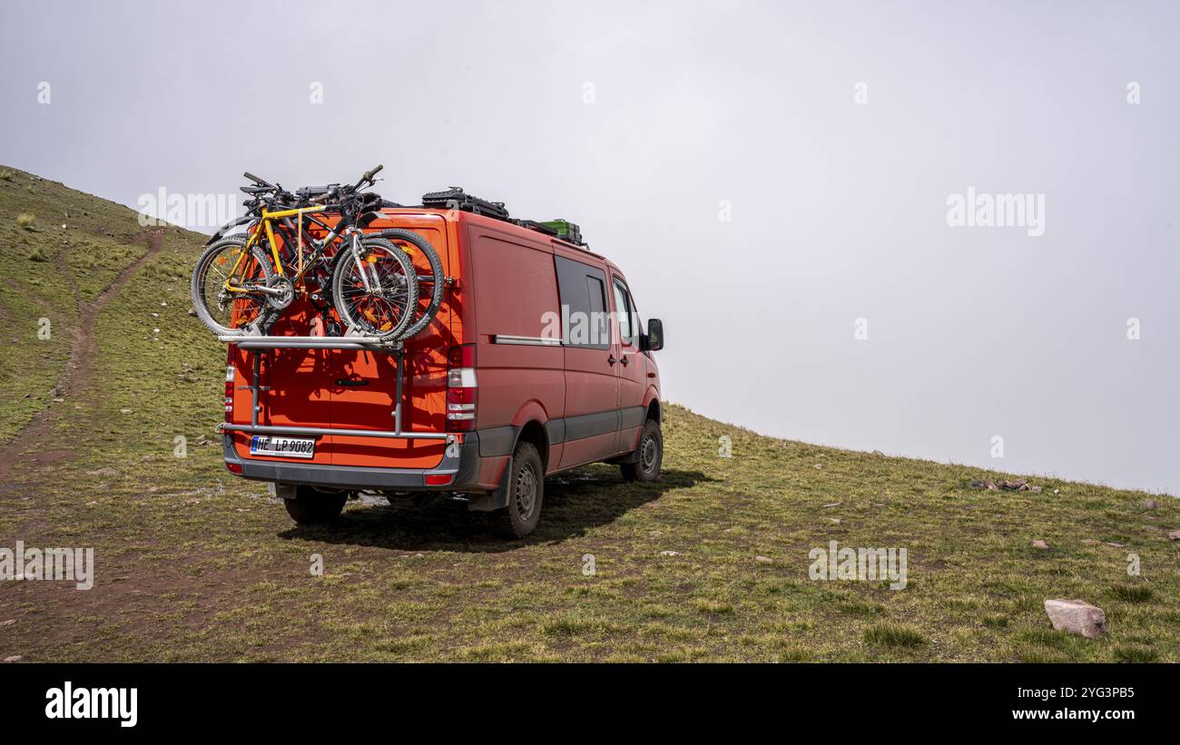 Offroad camper van in the Peruvian Andes, Pallay Punchu Rainbowmountain ...