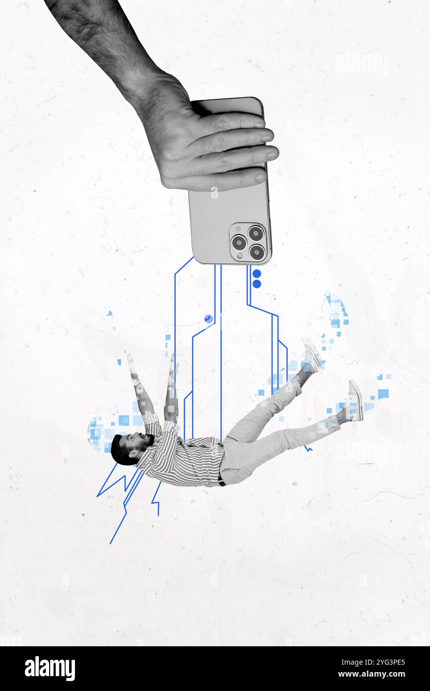 Composite trend artwork sketch image photo collage of business distance work hand hold ...