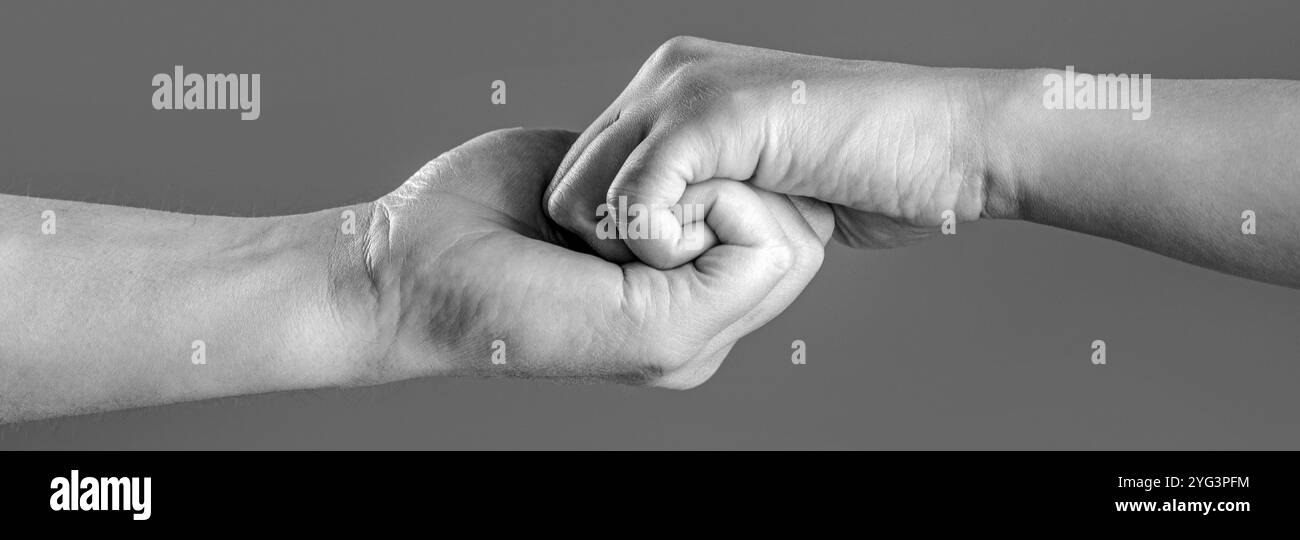 Male and woman hand united in handshake. Man, girl help hands ...