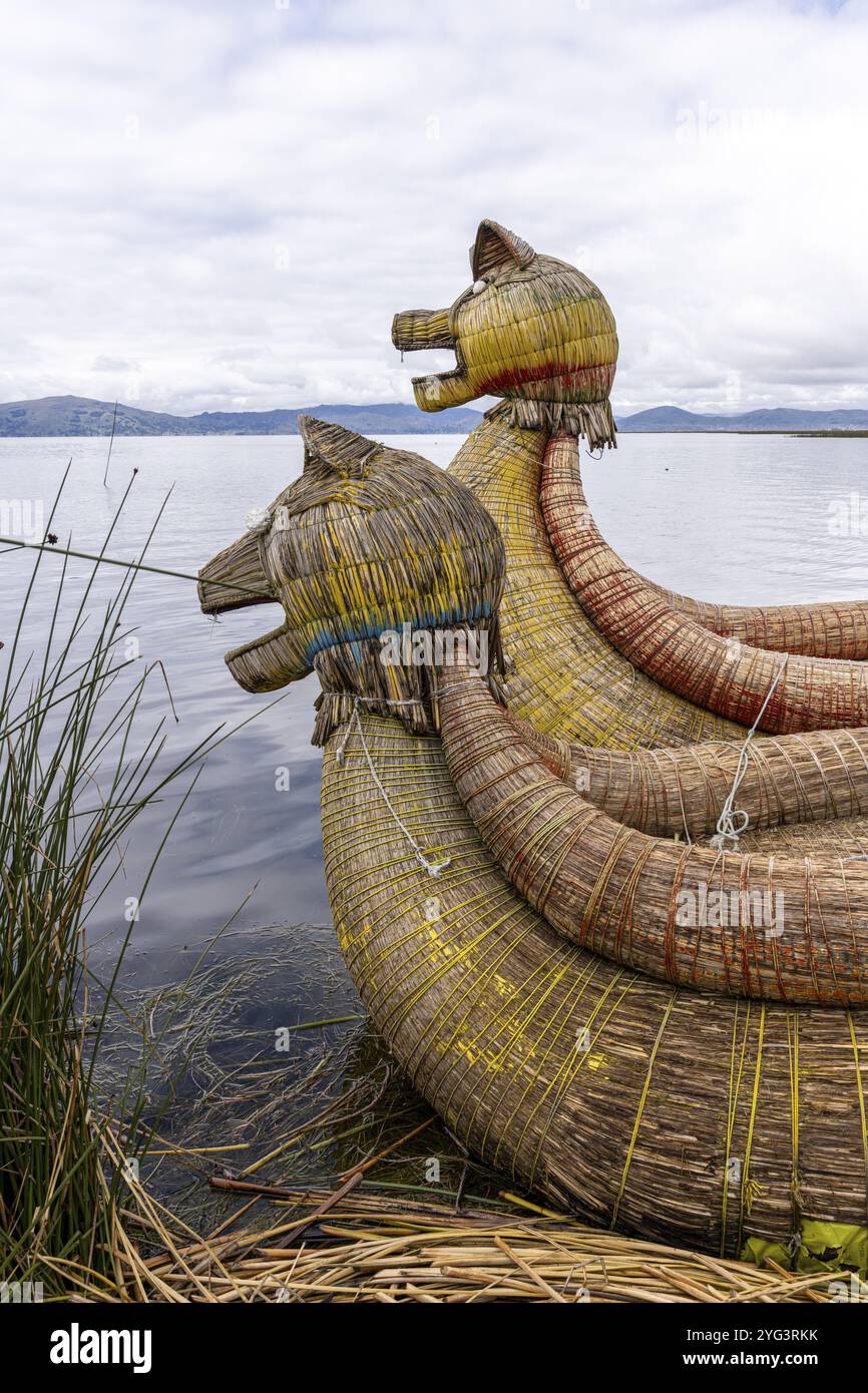 Reed boats, Uros island, Titicaca lake, Puno, Peru, South America Stock ...