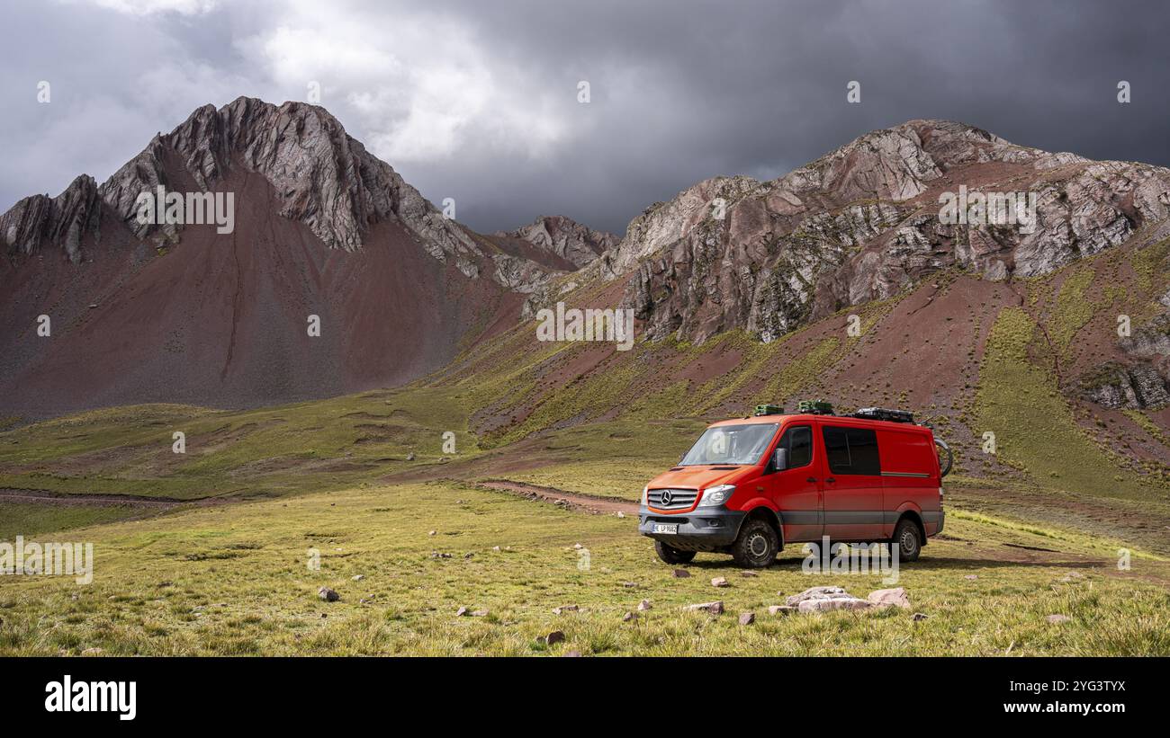 Offroad camper van in the Peruvian Andes, Pallay Punchu Rainbowmountain ...