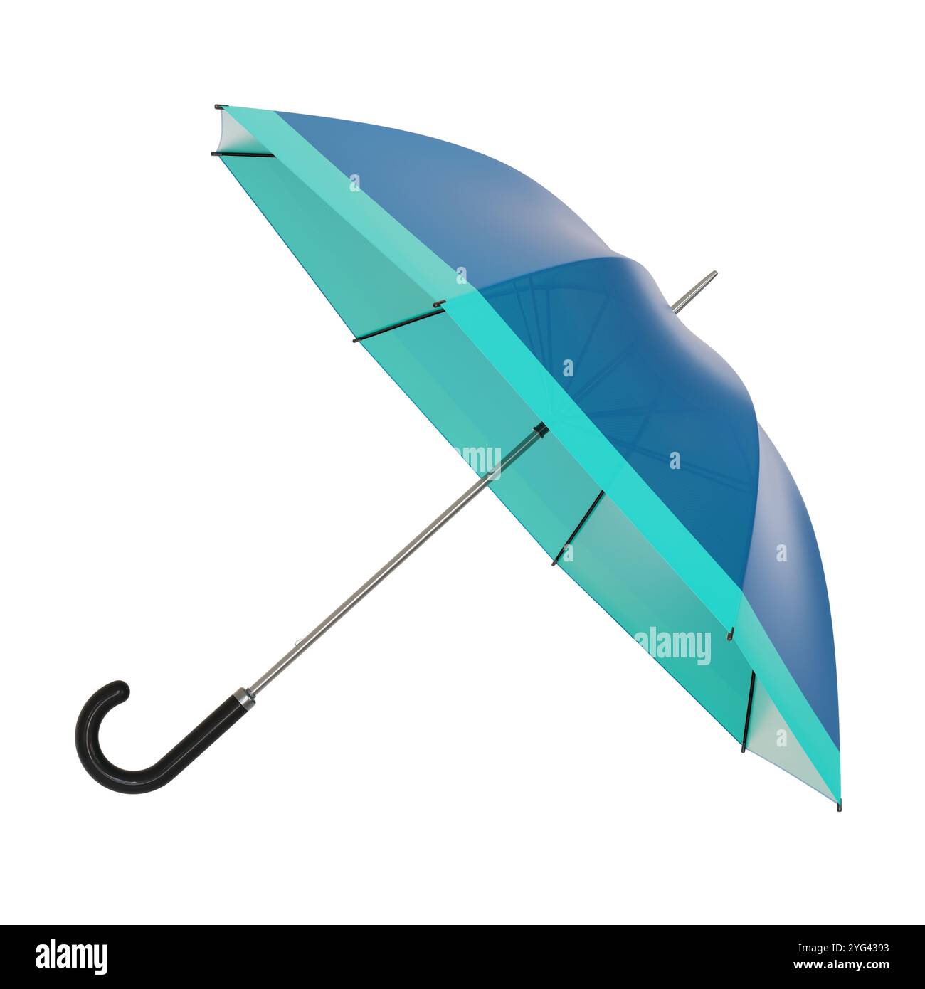 Open blue and teal umbrella with black handle, isolated on white ...