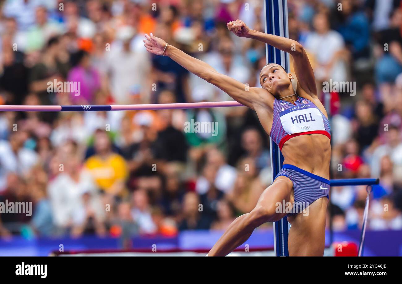 Anna Hall participating in the high jump at the Paris 2024 Olympic ...