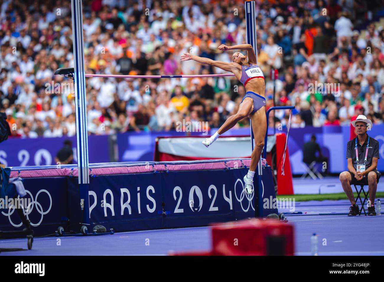 Anna Hall participating in the high jump at the Paris 2024 Olympic ...