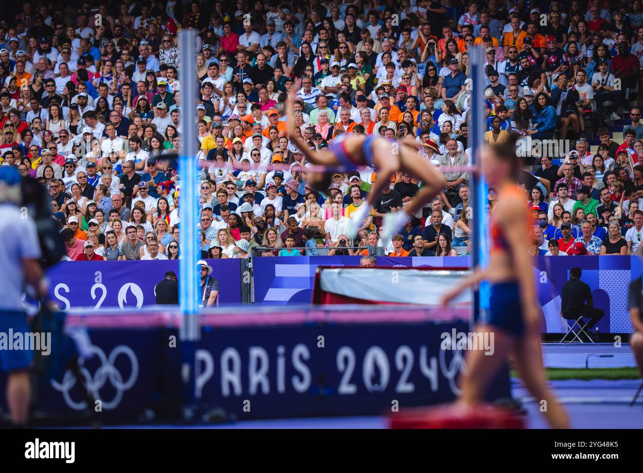 Anna Hall participating in the high jump at the Paris 2024 Olympic ...