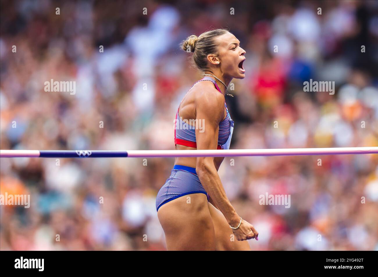 Anna Hall participating in the high jump at the Paris 2024 Olympic ...