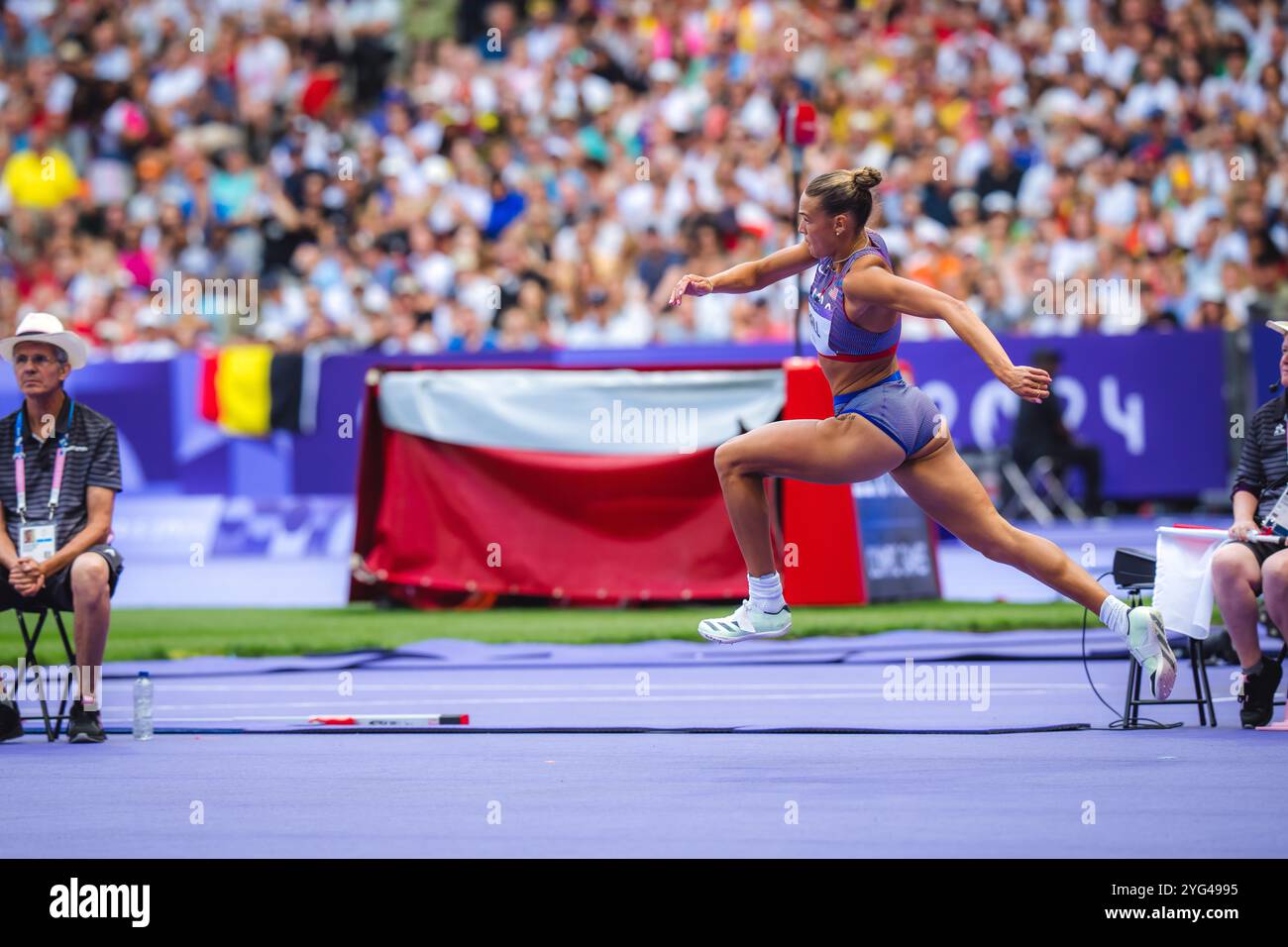Anna Hall participating in the high jump at the Paris 2024 Olympic ...