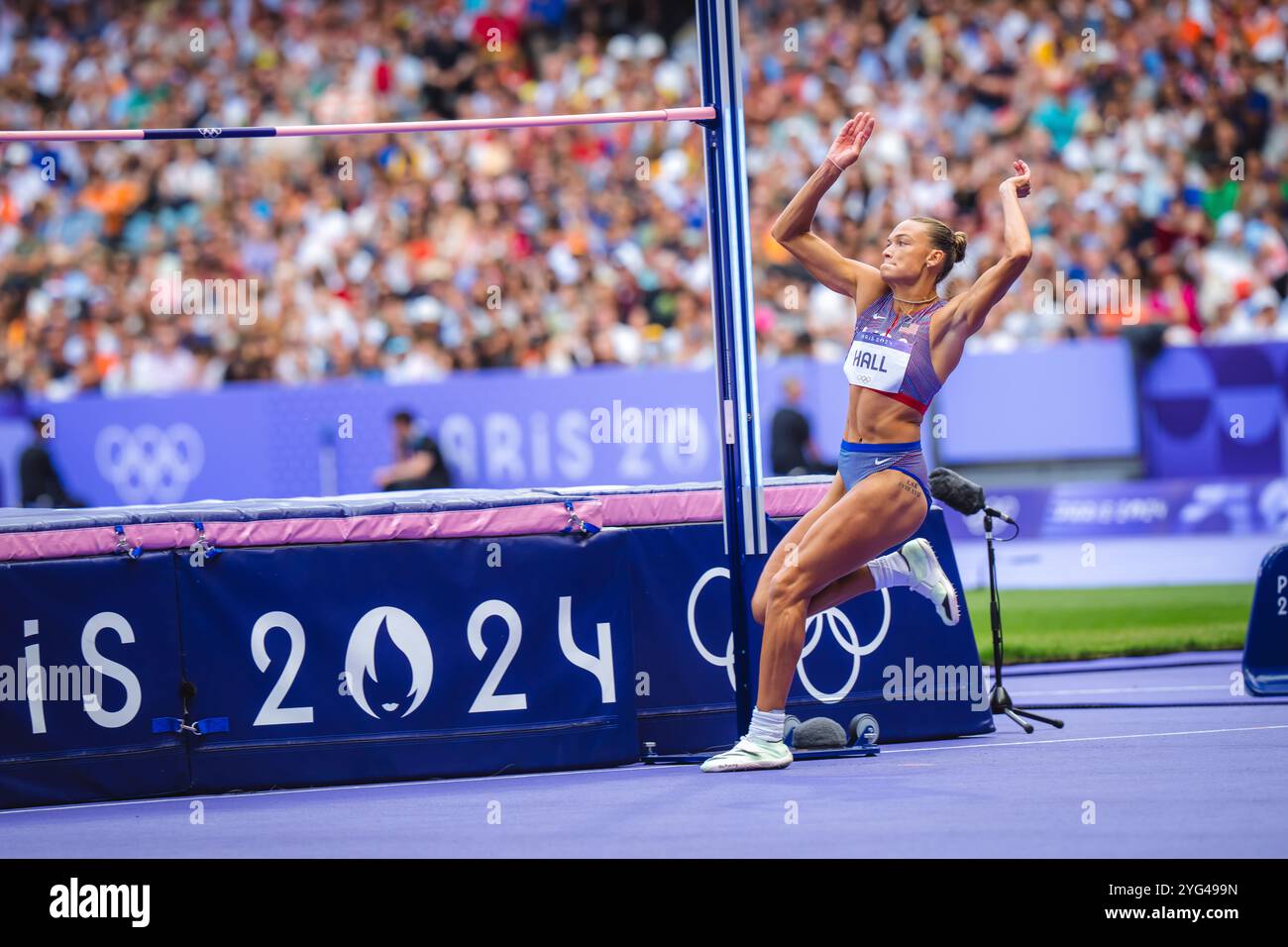 Anna Hall participating in the high jump at the Paris 2024 Olympic ...