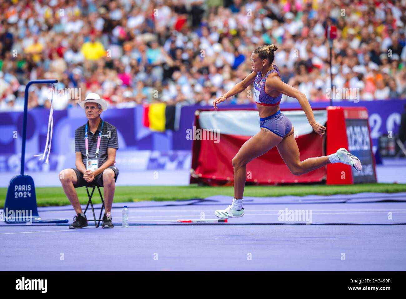 Anna Hall participating in the high jump at the Paris 2024 Olympic ...