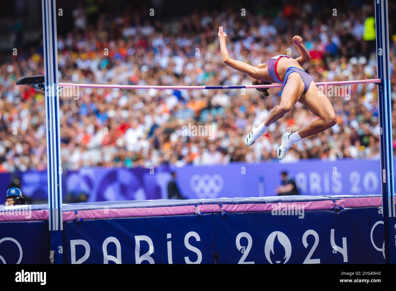 Anna Hall participating in the high jump at the Paris 2024 Olympic ...