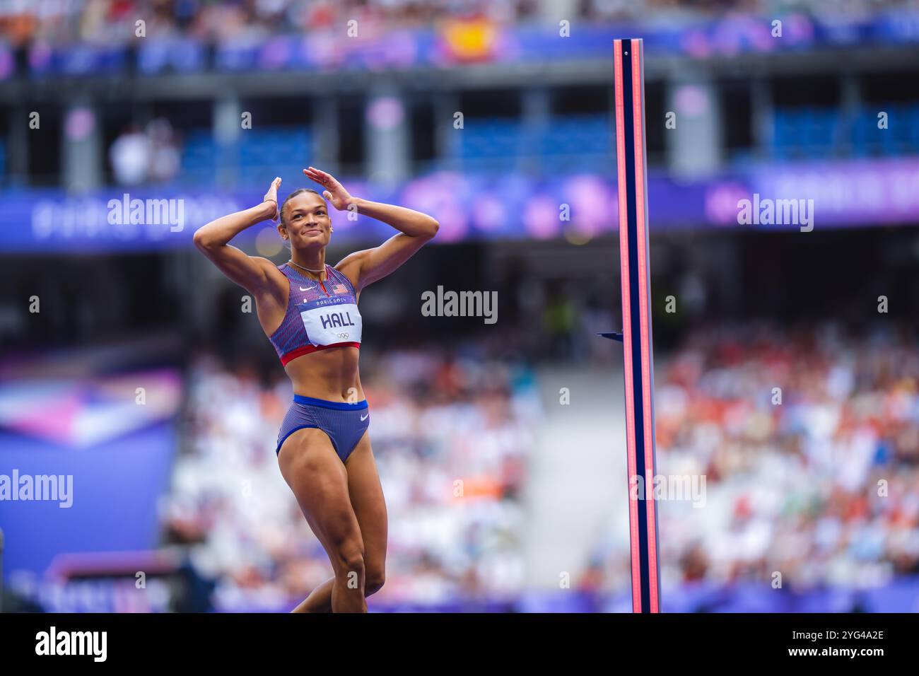 Anna Hall participating in the high jump at the Paris 2024 Olympic ...